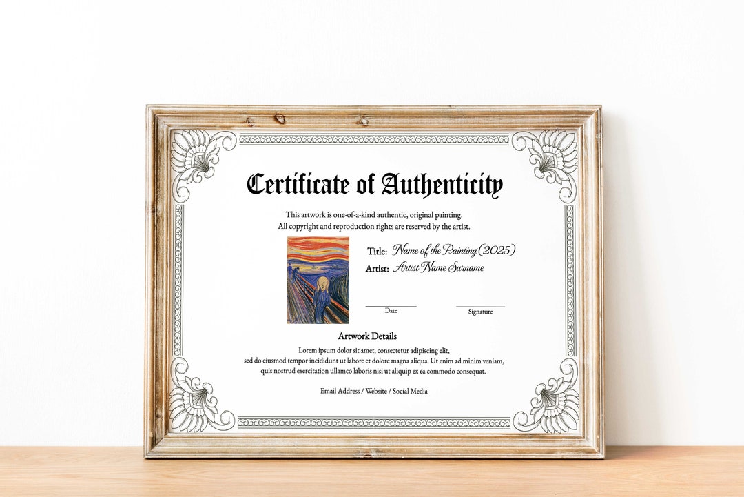 Certificate of Authenticity for Artwork, Editable Certificate of ...