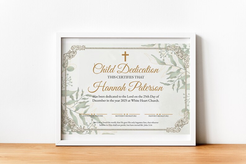 Child Dedication Certificate, Editable Greenery Baby Dedication ...