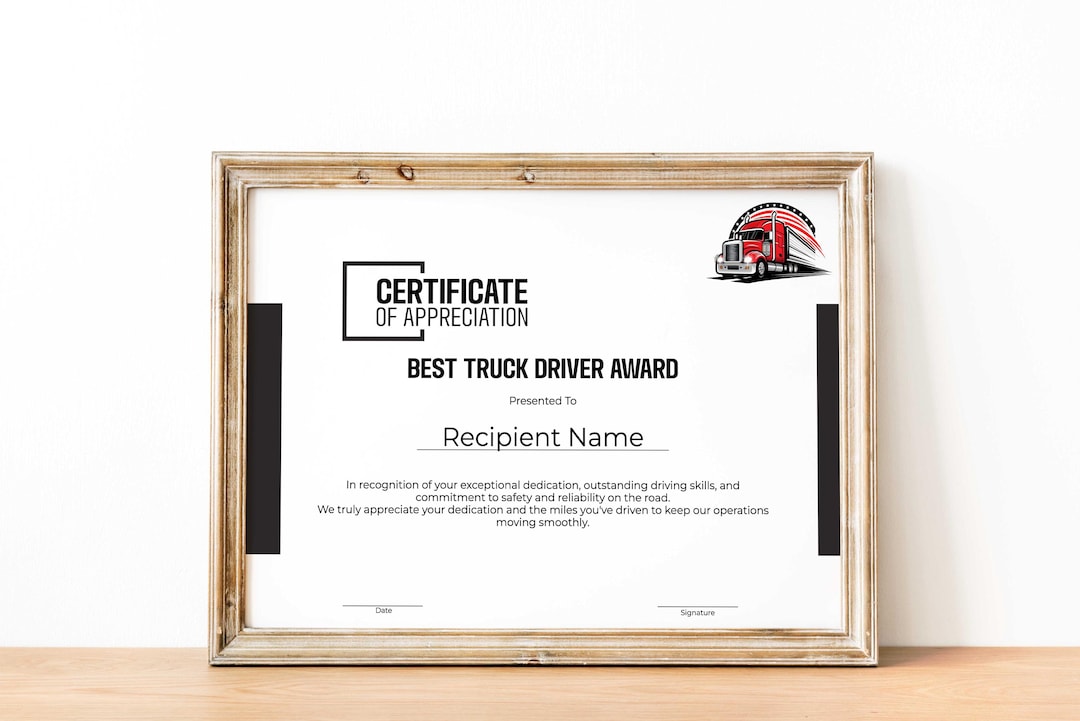 Best Truck Driver Award Certificate, Personalized Truck Driver Award ...