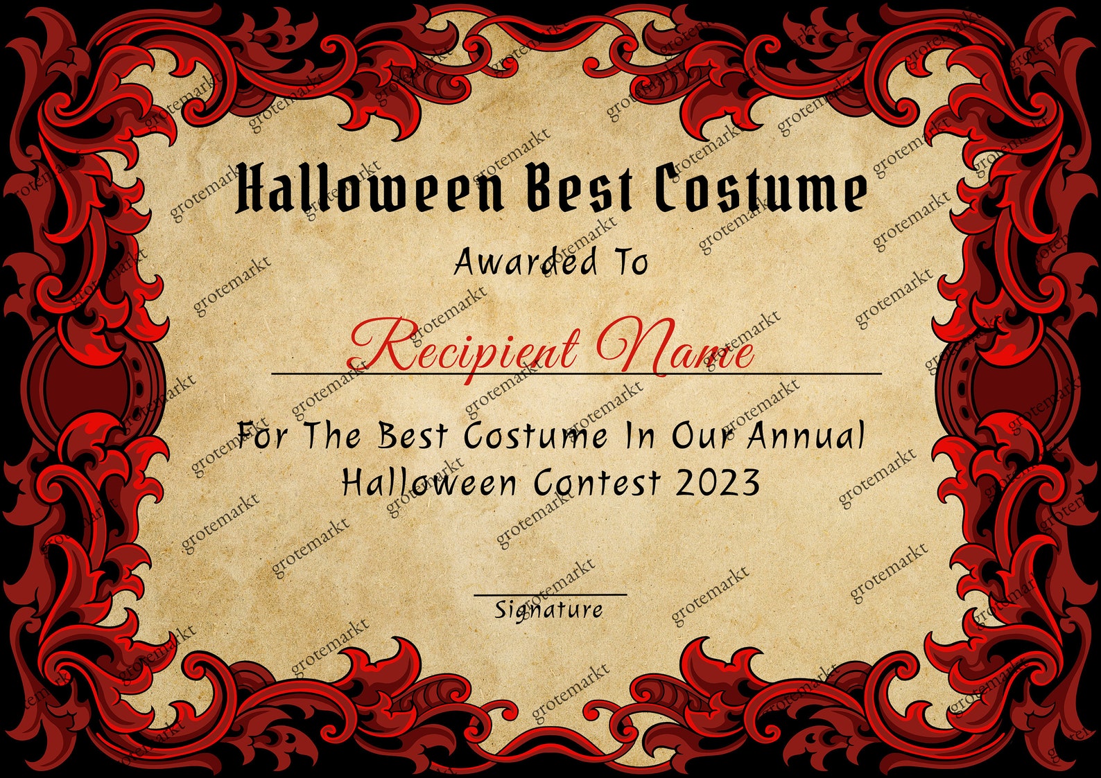 Editable Gothic Halloween Best Costume Certificate Template, Printable ...