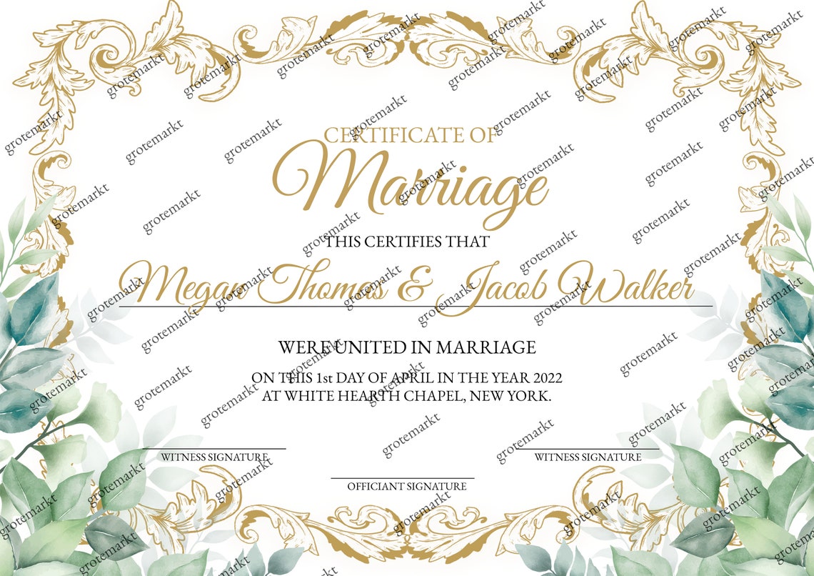 Greenery Wedding Certificate Template, Editable Printable Wedding ...