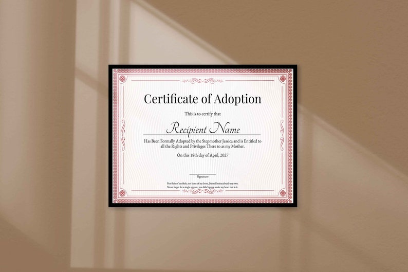 Certificate of Adoption to Our Family, Editable Printable Stepparent ...