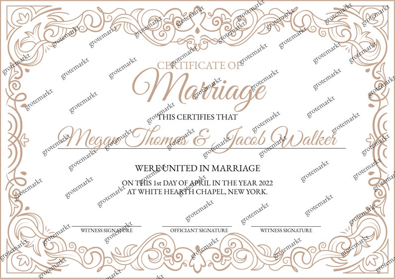 Printable Marriage Certificate Template for Newlyweds, Editable ...