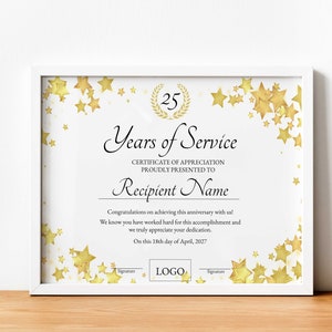 25 Years of Service Anniversary Award Certificate of Appreciation ...