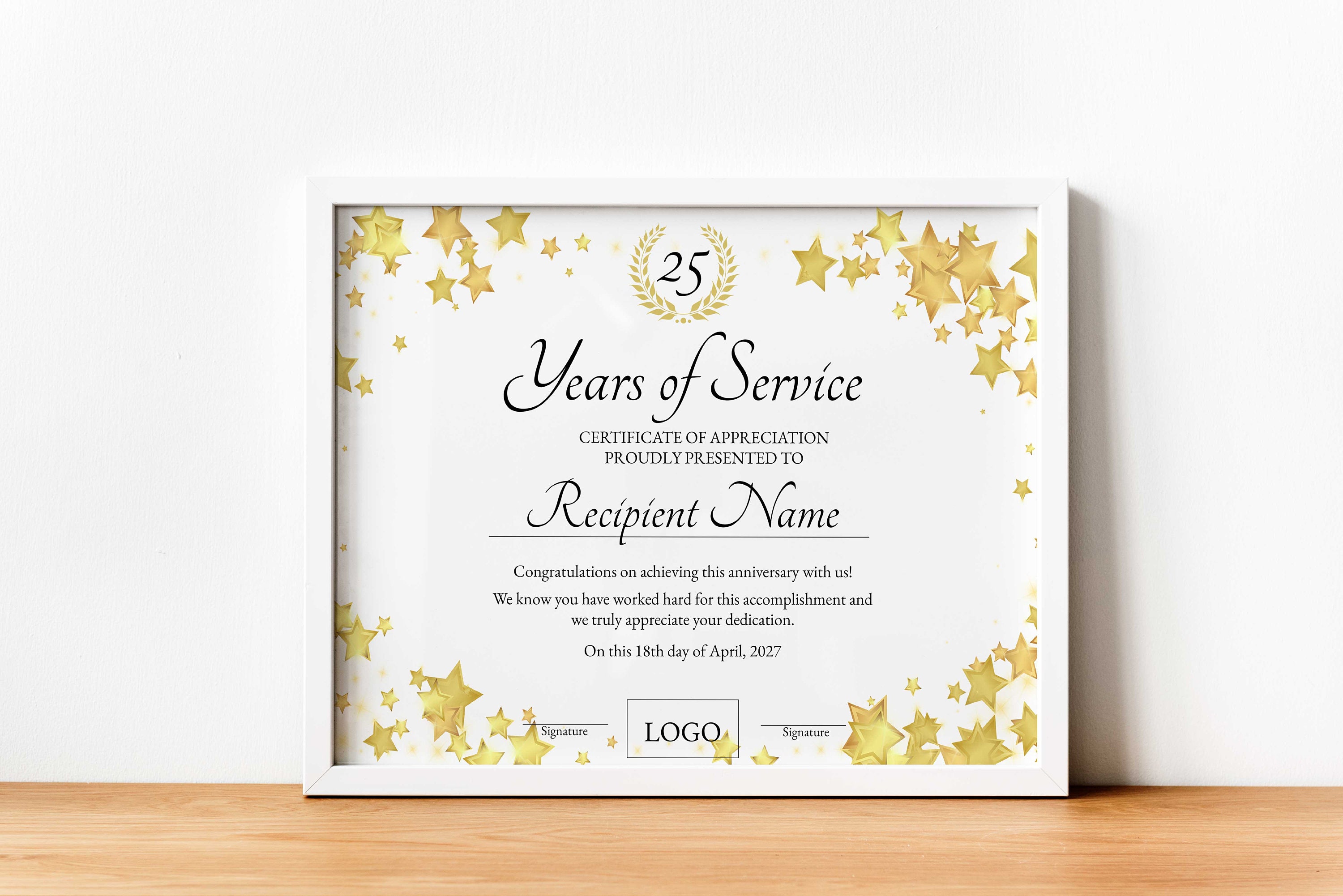25 Years of Service Anniversary Award Certificate of Appreciation ...