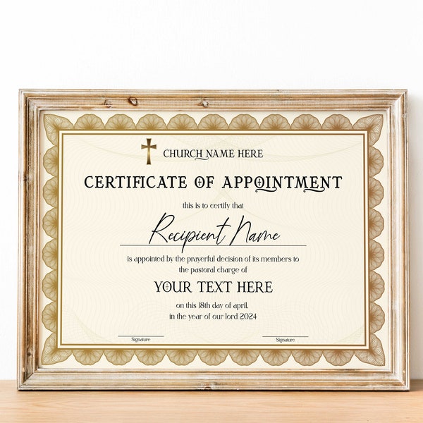 Pastor Appointment Certificate Template - Etsy