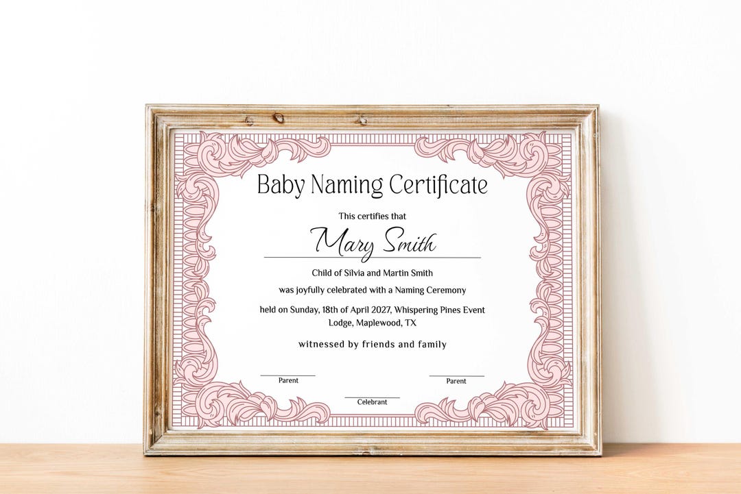 Editable Baby Girl Naming Certificate Template Printable Pink ...