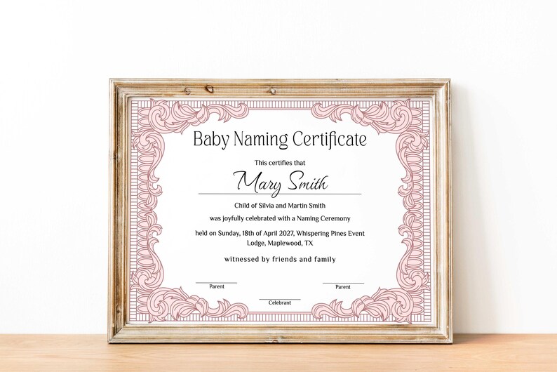 Editable Baby Girl Naming Certificate Template Printable Pink ...