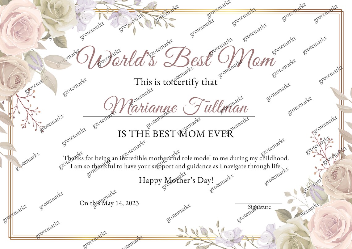 Editable Best Mom Certificate Template, Mother's Day Certificate Best ...