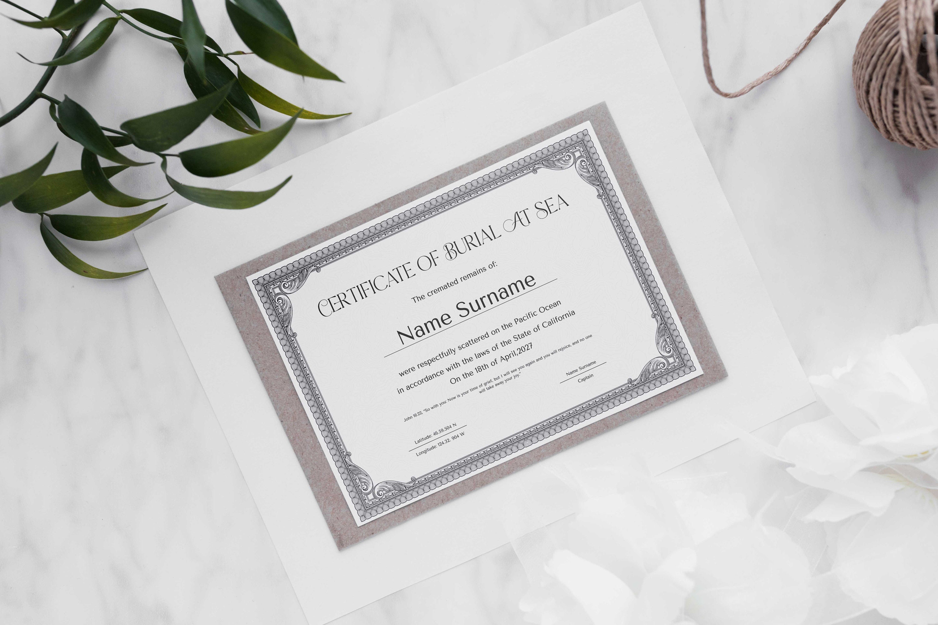 Certificate of Burial at Sea, Spreading Ashes at Sea, Sea Scattering ...