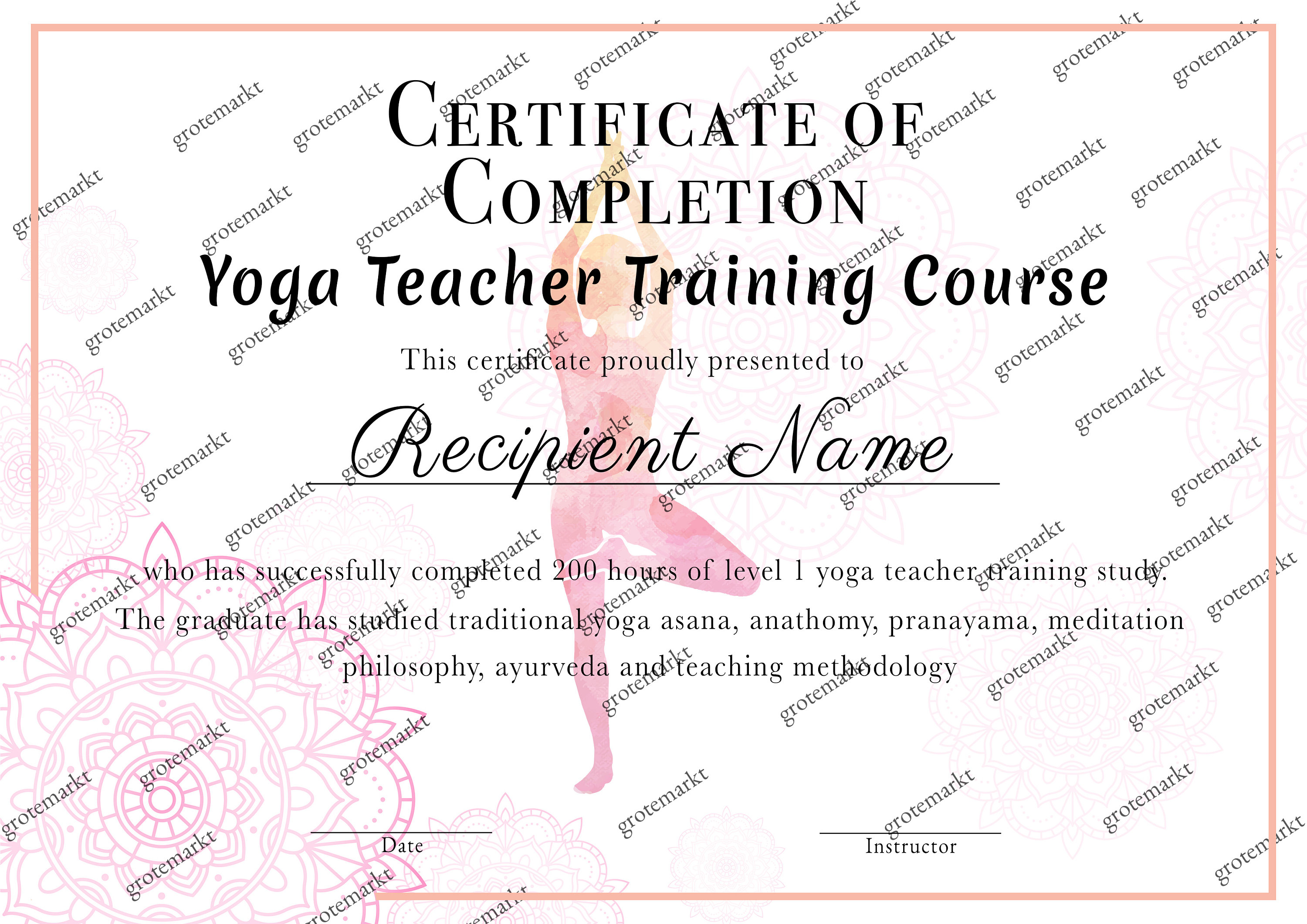 Yoga Certificate, Certificate of Completion, Participation, Yoga Studio ...