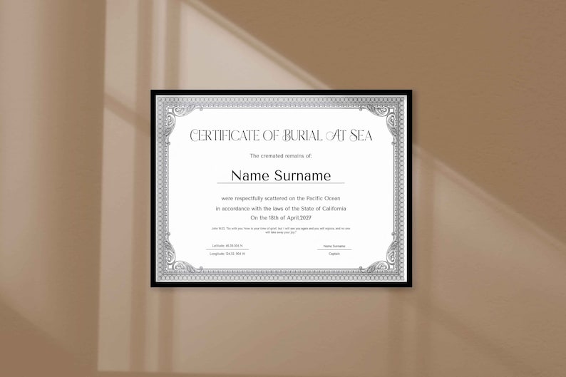 Certificate of Burial at Sea, Spreading Ashes at Sea, Sea Scattering ...