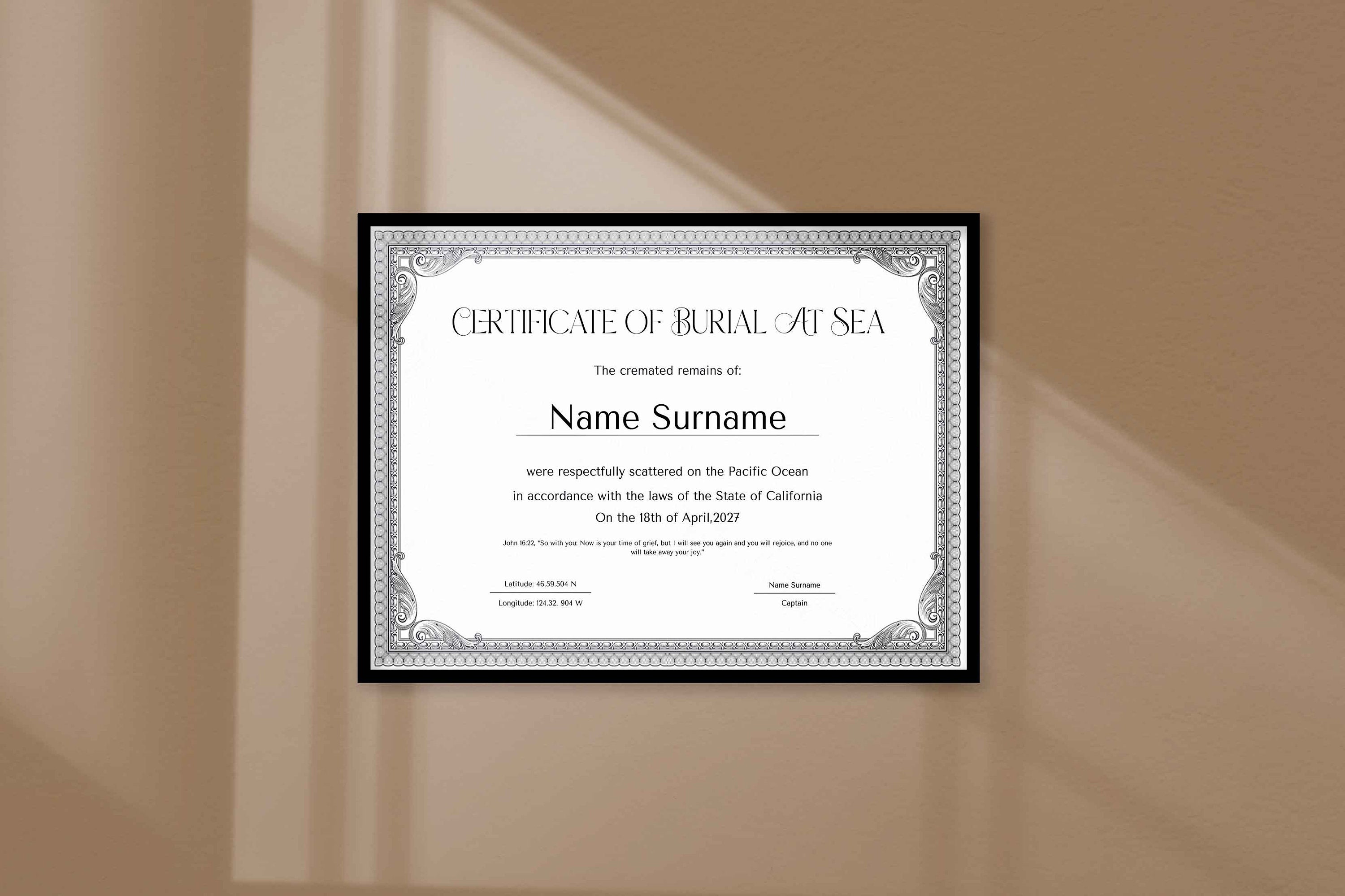 Certificate of Burial at Sea, Spreading Ashes at Sea, Sea Scattering ...