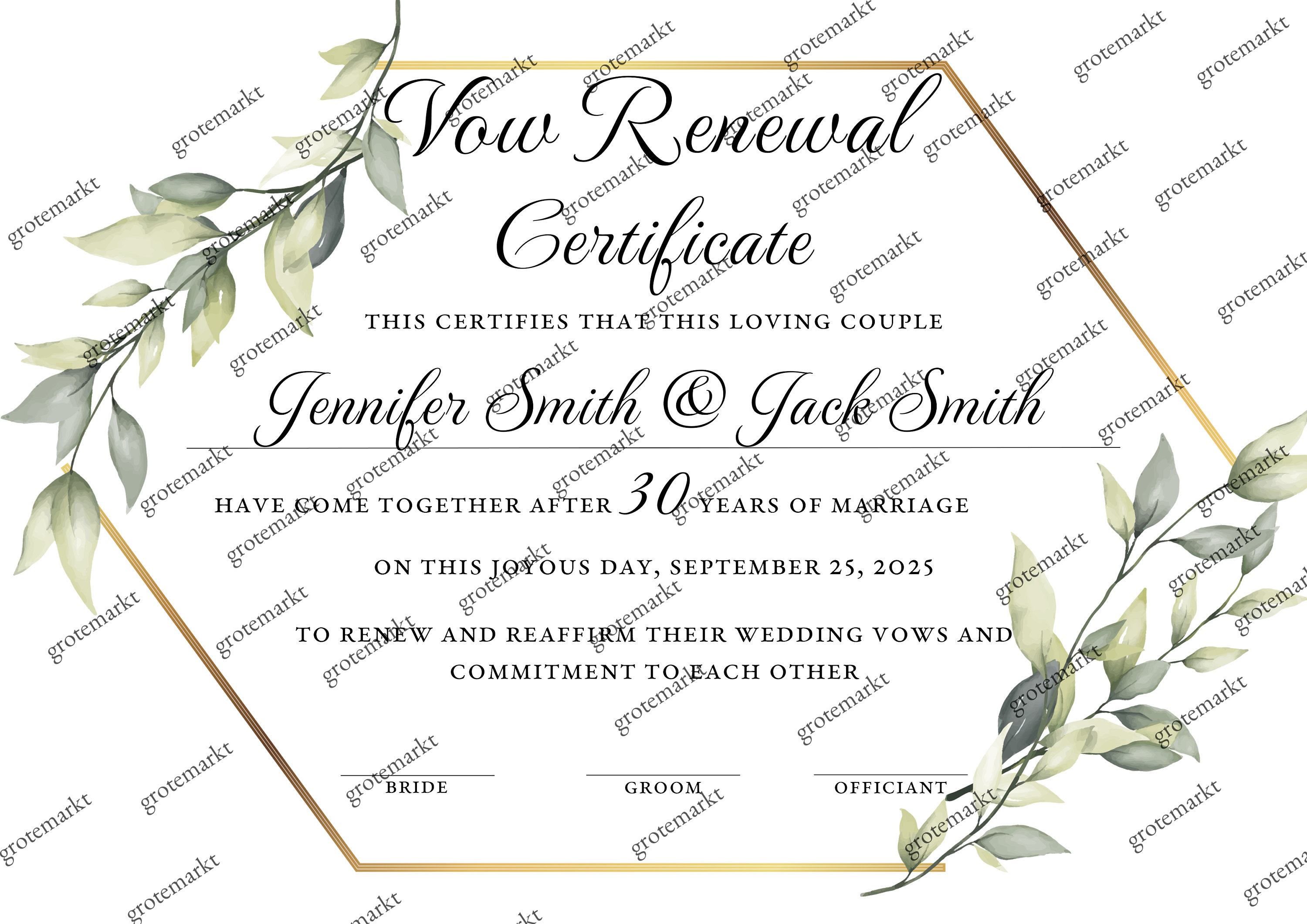 Vow Renewal Certificate, Editable Gold Wedding Certificate Template ...