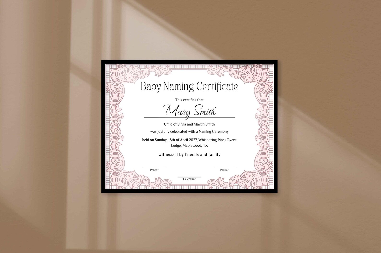 Editable Baby Girl Naming Certificate Template Printable Pink ...