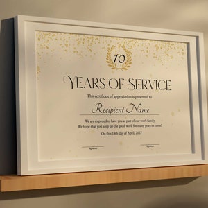 10 Years of Service Anniversary Award Certificate of Appreciation ...