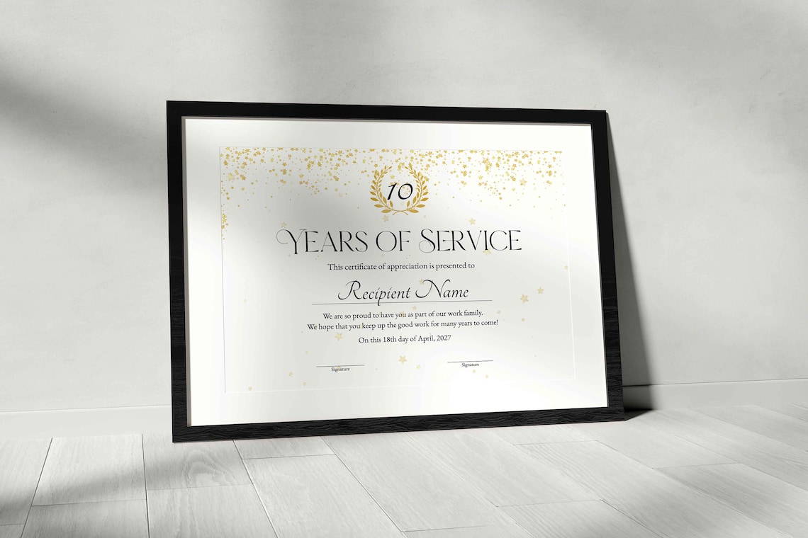 10 Years of Service Anniversary Award Certificate of Appreciation ...