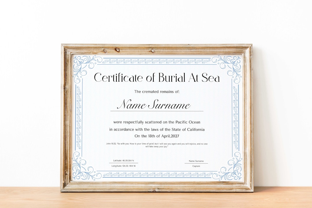 Certificate of Burial at Sea, Spreading Ashes at Sea, Sea Scattering ...