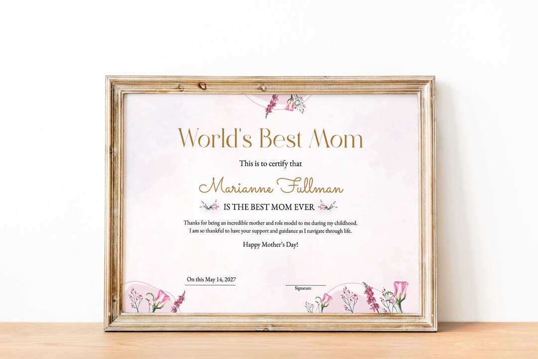 Mother's Day Gift Certificate, Editable Best Mom Award Certificate ...