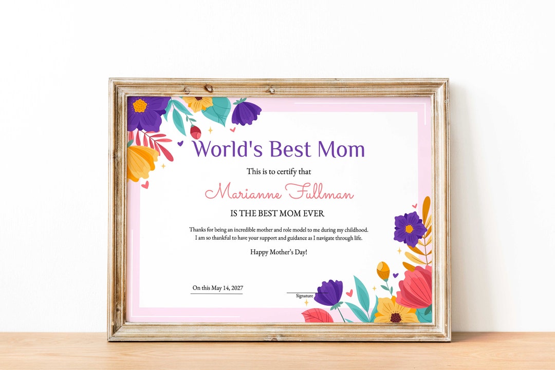 Mother's Day Gift Certificate, Editable Best Mom Award Certificate ...