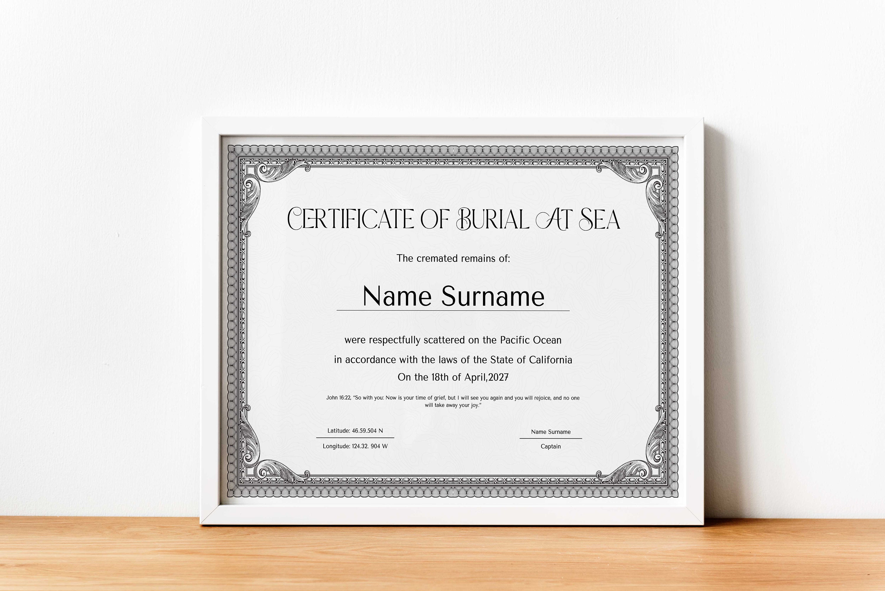 Certificate of Burial at Sea, Spreading Ashes at Sea, Sea Scattering ...