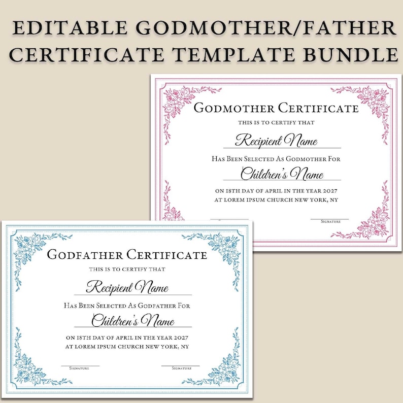 Godmother Certificate Template, Editable Godfather Certificate ...