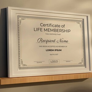 Life Membership Certificate Template, Editable Printable Elegant ...