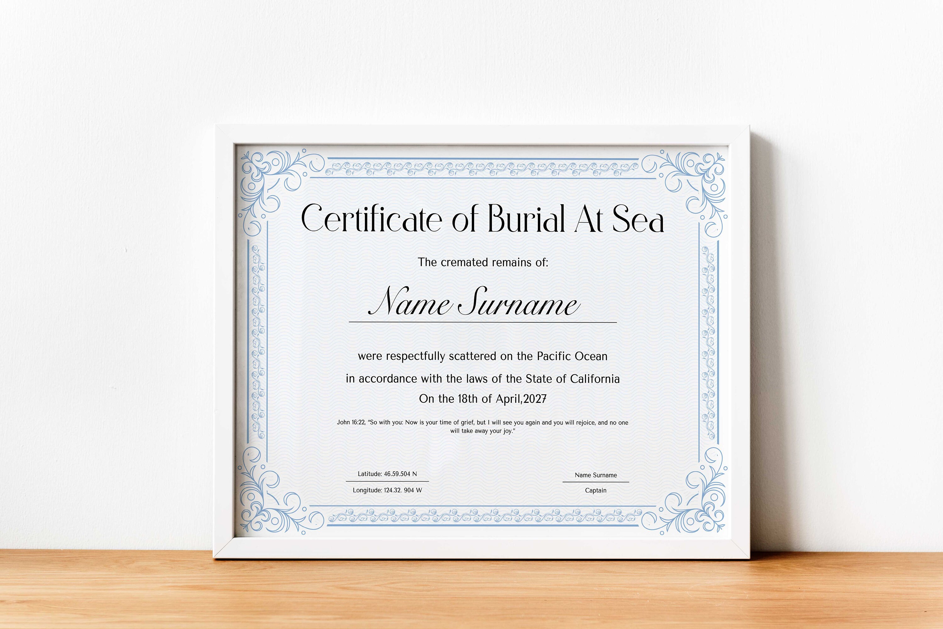 Certificate of Burial at Sea, Spreading Ashes at Sea, Sea Scattering ...