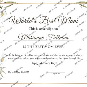 Editable Best Mom Certificate Template, Mother's Day Certificate Best ...