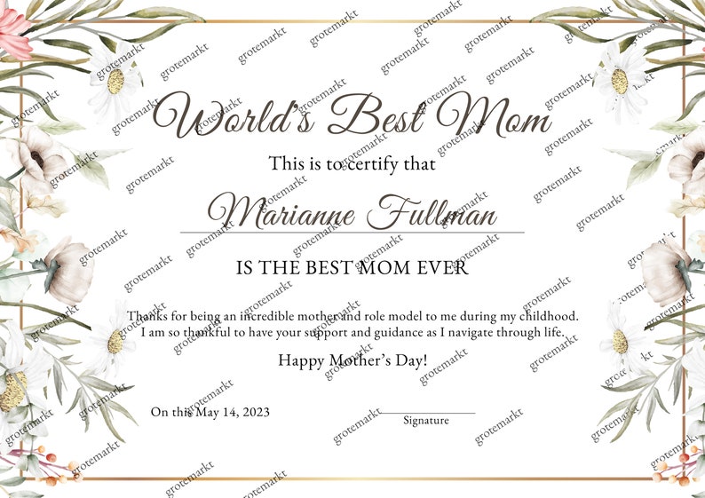 Editable Best Mom Certificate Template, Mother's Day Certificate Best ...