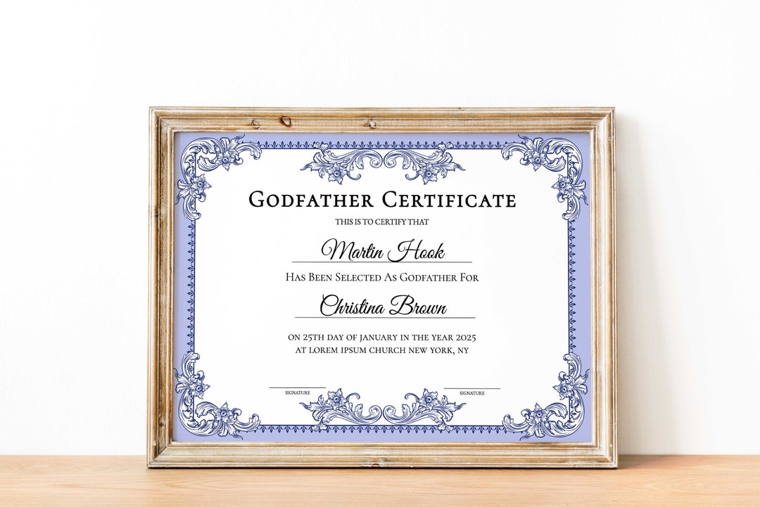 Editable Godfather Certificate Template, Printable Baptism Certificate ...