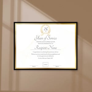 25 Years of Service Anniversary Award Certificate of Appreciation ...