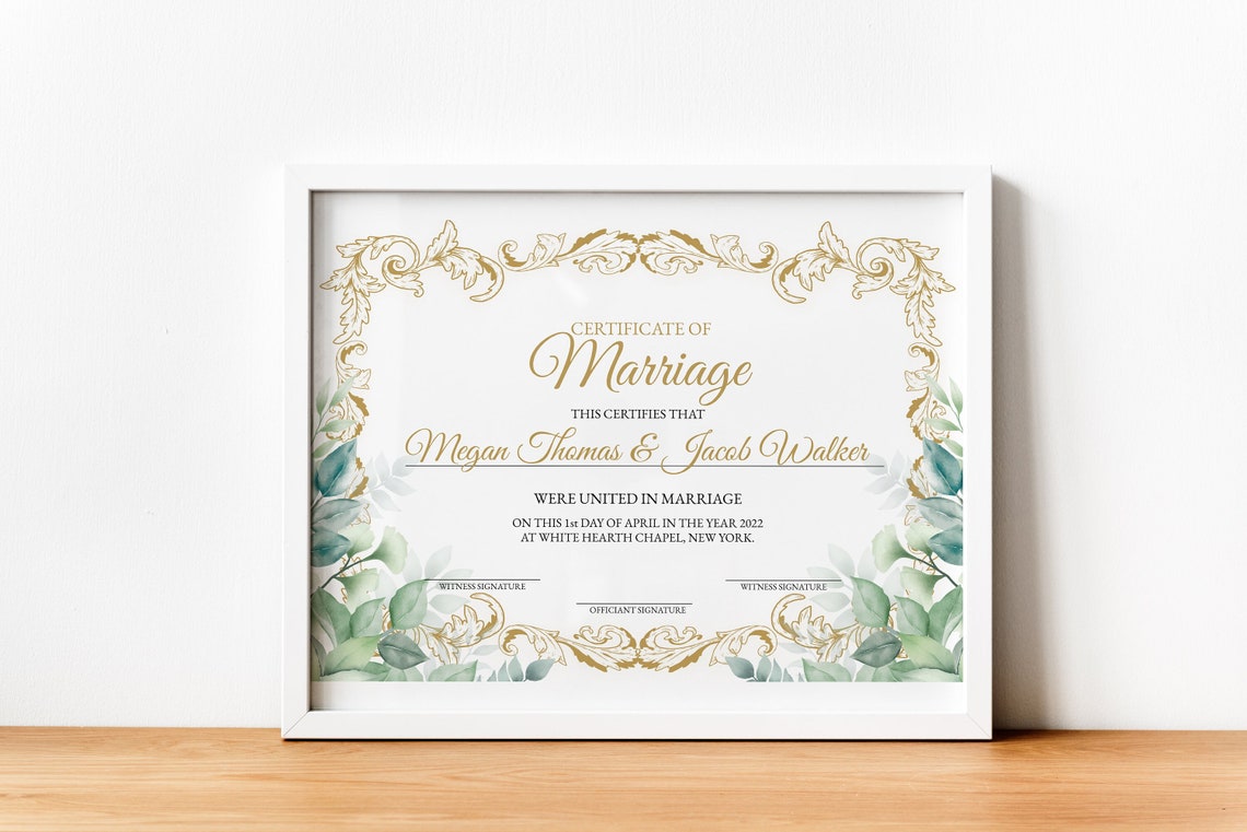Greenery Wedding Certificate Template, Editable Printable Wedding ...