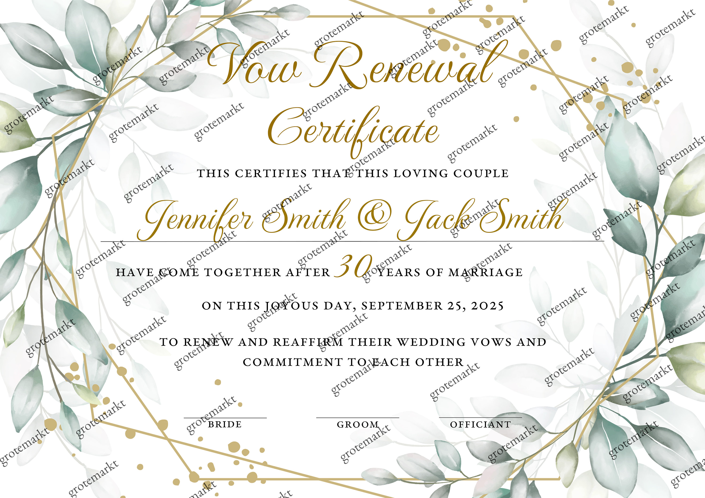 Elegant Vow Renewal Certificate Template, Greenery Marriage Commitment ...