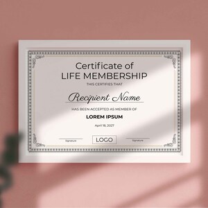 Life Membership Certificate Template, Editable Printable Elegant ...