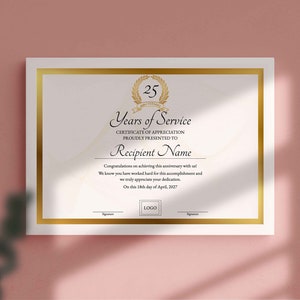 25 Years of Service Anniversary Award Certificate of Appreciation ...