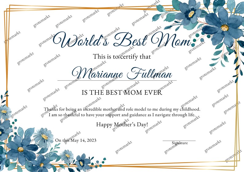 Editable Best Mom Certificate Template, Mother's Day Certificate, Best ...