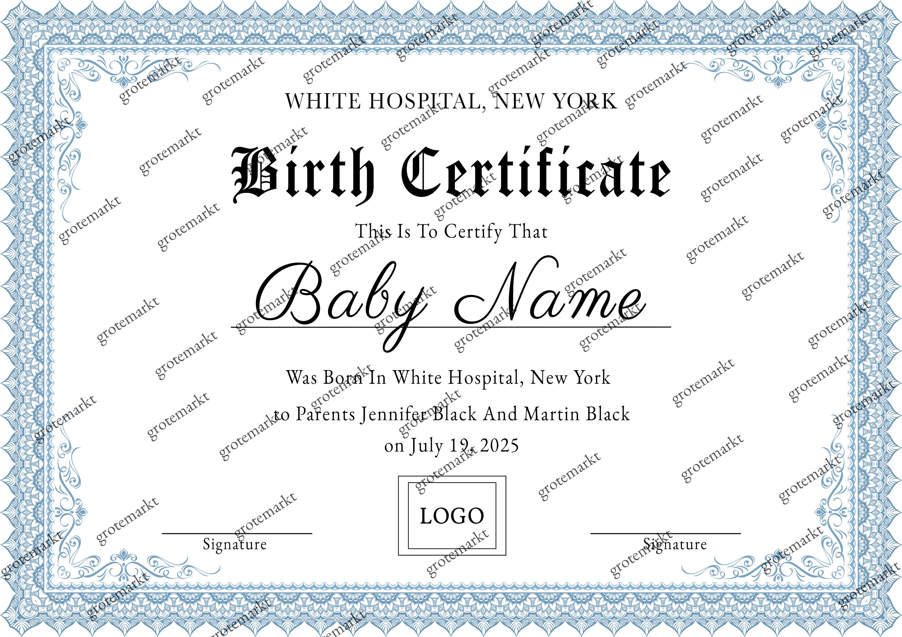 Birth Certificate Template, Printable Certificate of Birth, Baby Boy ...
