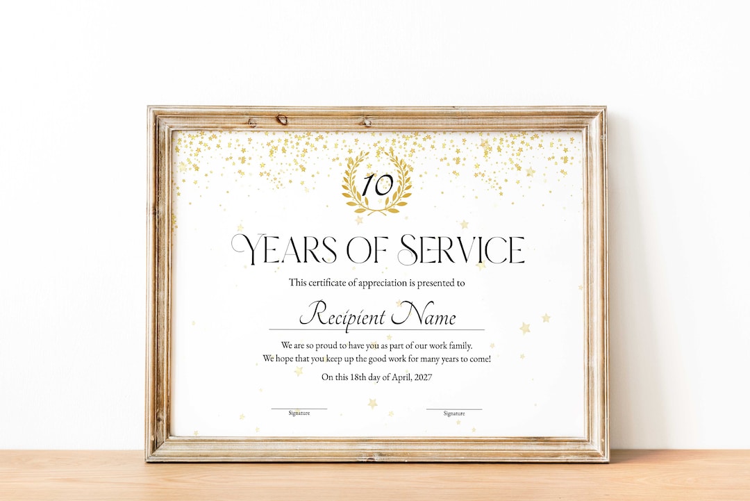 10 Years of Service Anniversary Award Certificate of Appreciation ...