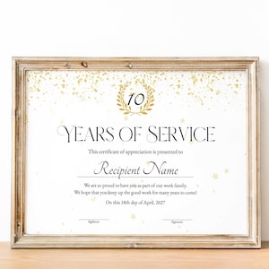 10 Years of Service Anniversary Award Certificate of Appreciation ...