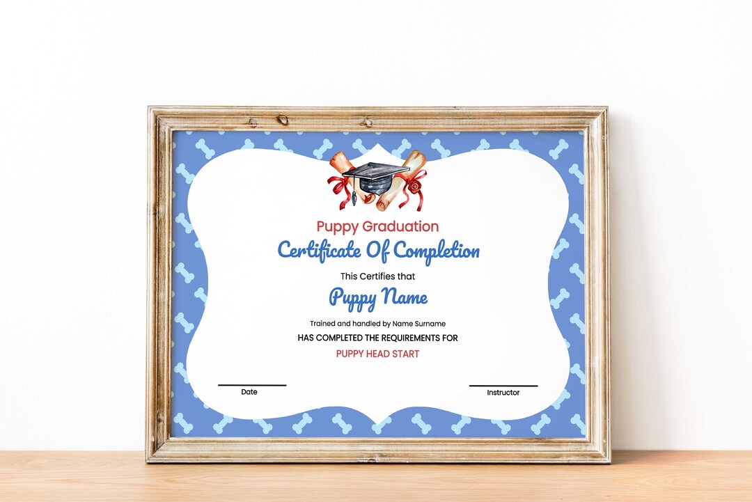 Puppy Graduation Certificate Template, Editable Certificate of ...