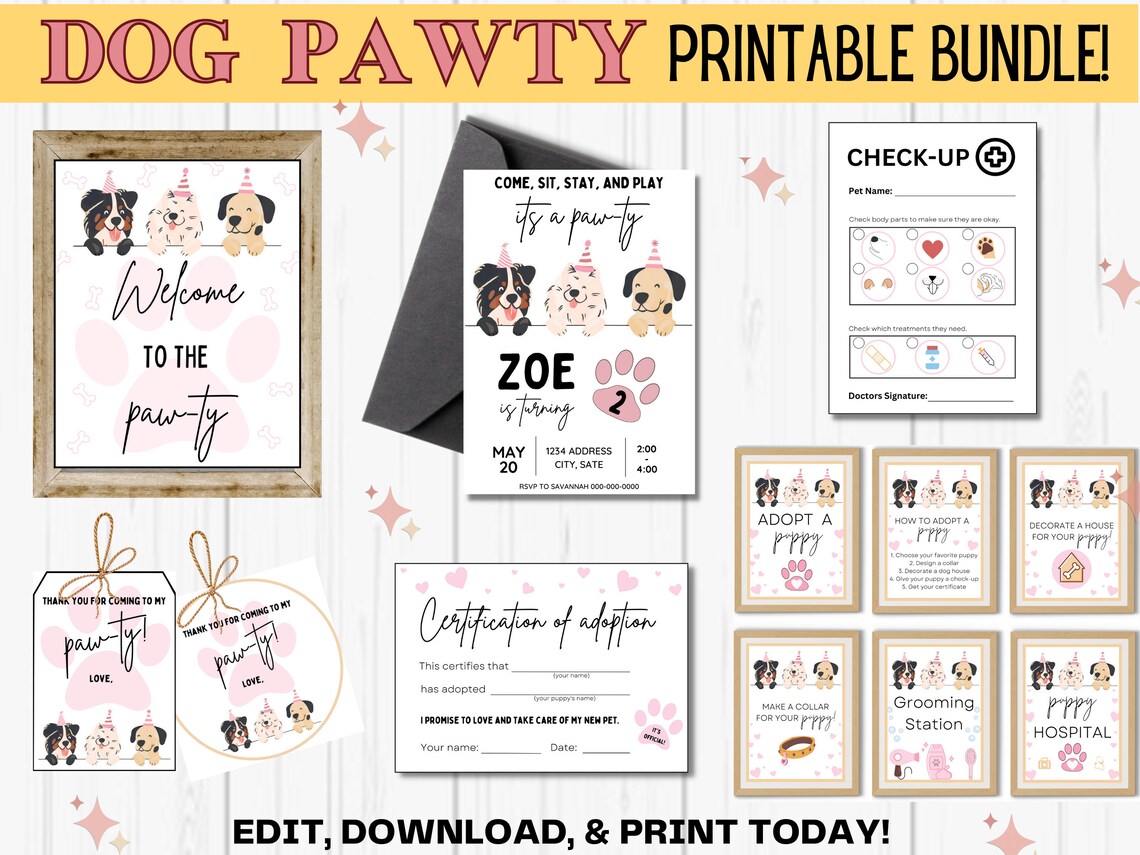 EDITABLE Dog Pawty Bundle, Printable Puppy Party Games, Adopt a Puppy ...