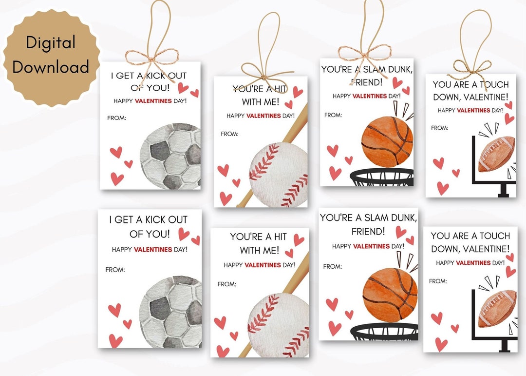 Sports Theme Valentine Tags, Kids Valentines Cards, Printable Tags for ...