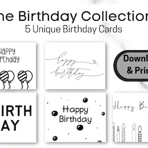 Black and White 5 Pack Happy Birthday Cards, PRINTABLE Birthday Card ...
