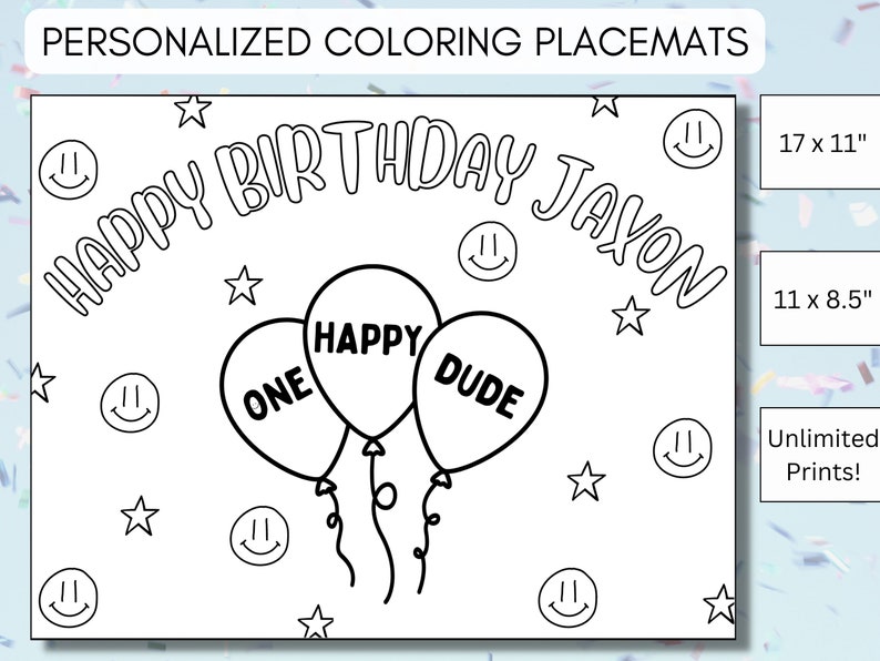 Printable ONE Happy Dude Coloring Pages, Personalized Party Placemats ...