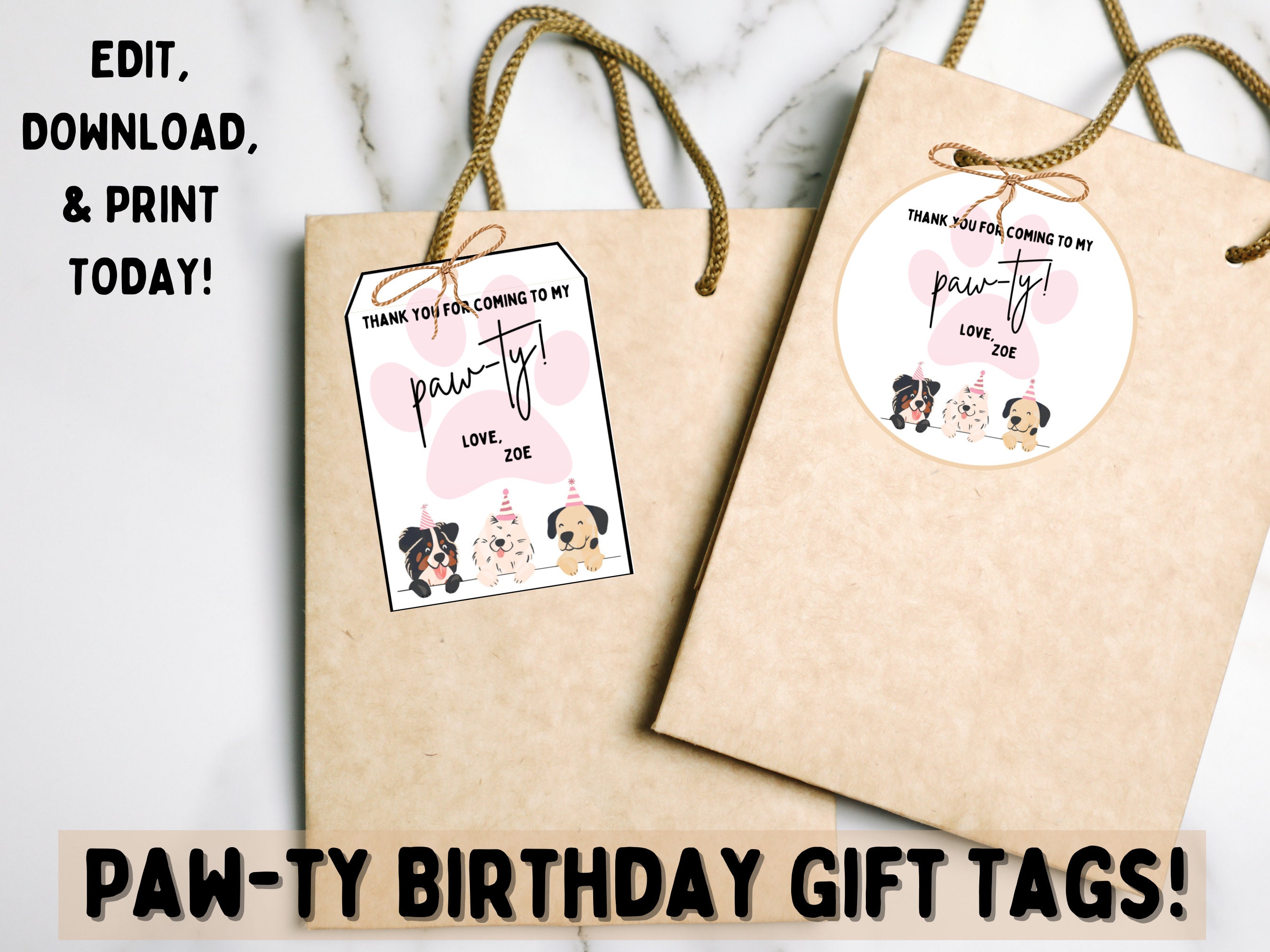 EDITABLE Dog Birthday Party Gift Tags, Puppy Pawty Birthday Custom ...