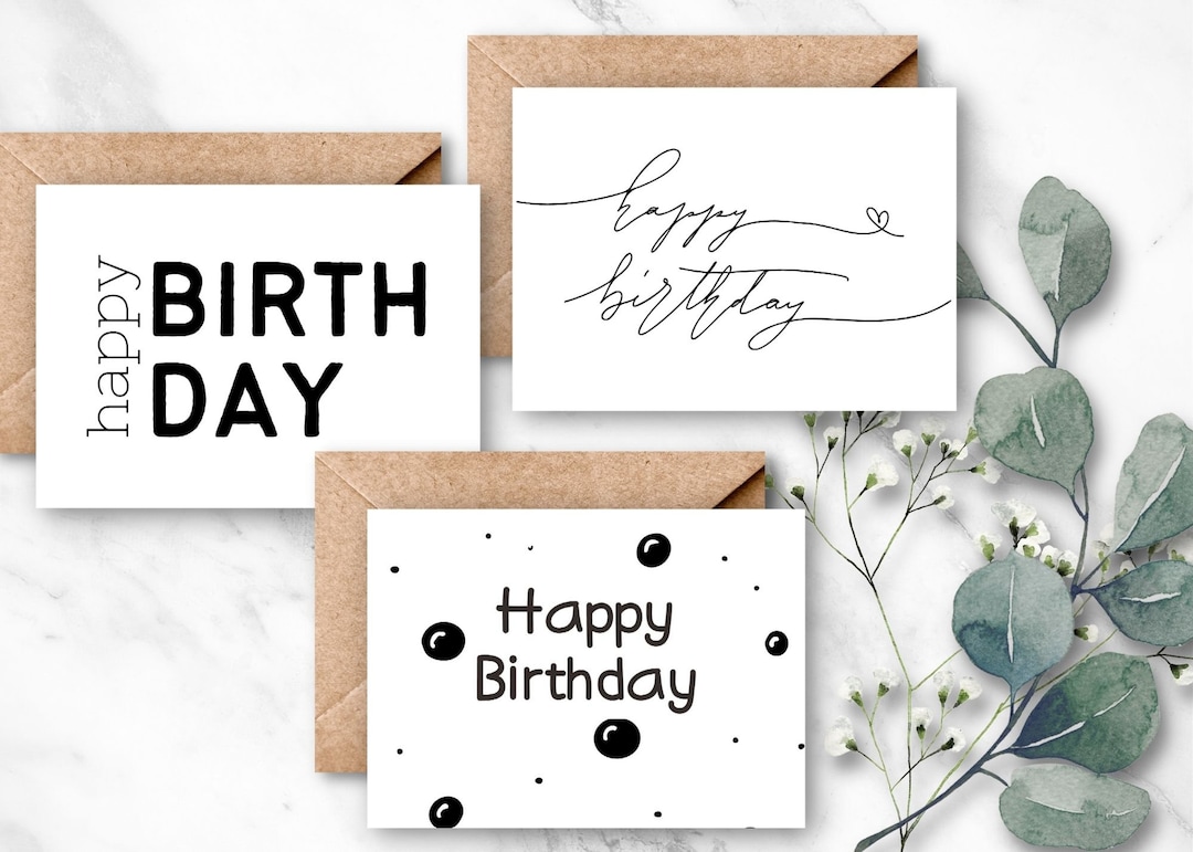 Black and White 5 Pack Happy Birthday Cards, PRINTABLE Birthday Card ...