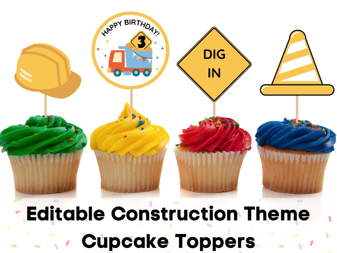Construction Birthday Cupcake Toppers, Editable Cupcake Toppers, Canva ...