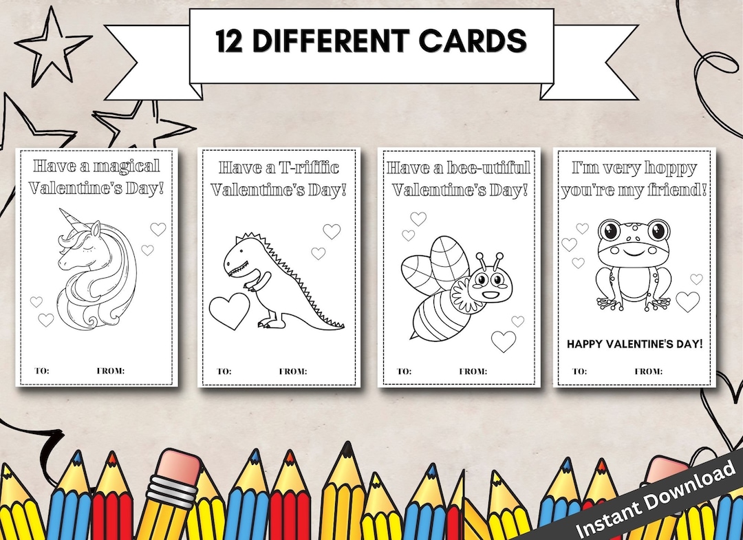 12 PRINTABLE Valentines Cards, Kids Coloring Page, Kids Valentines ...