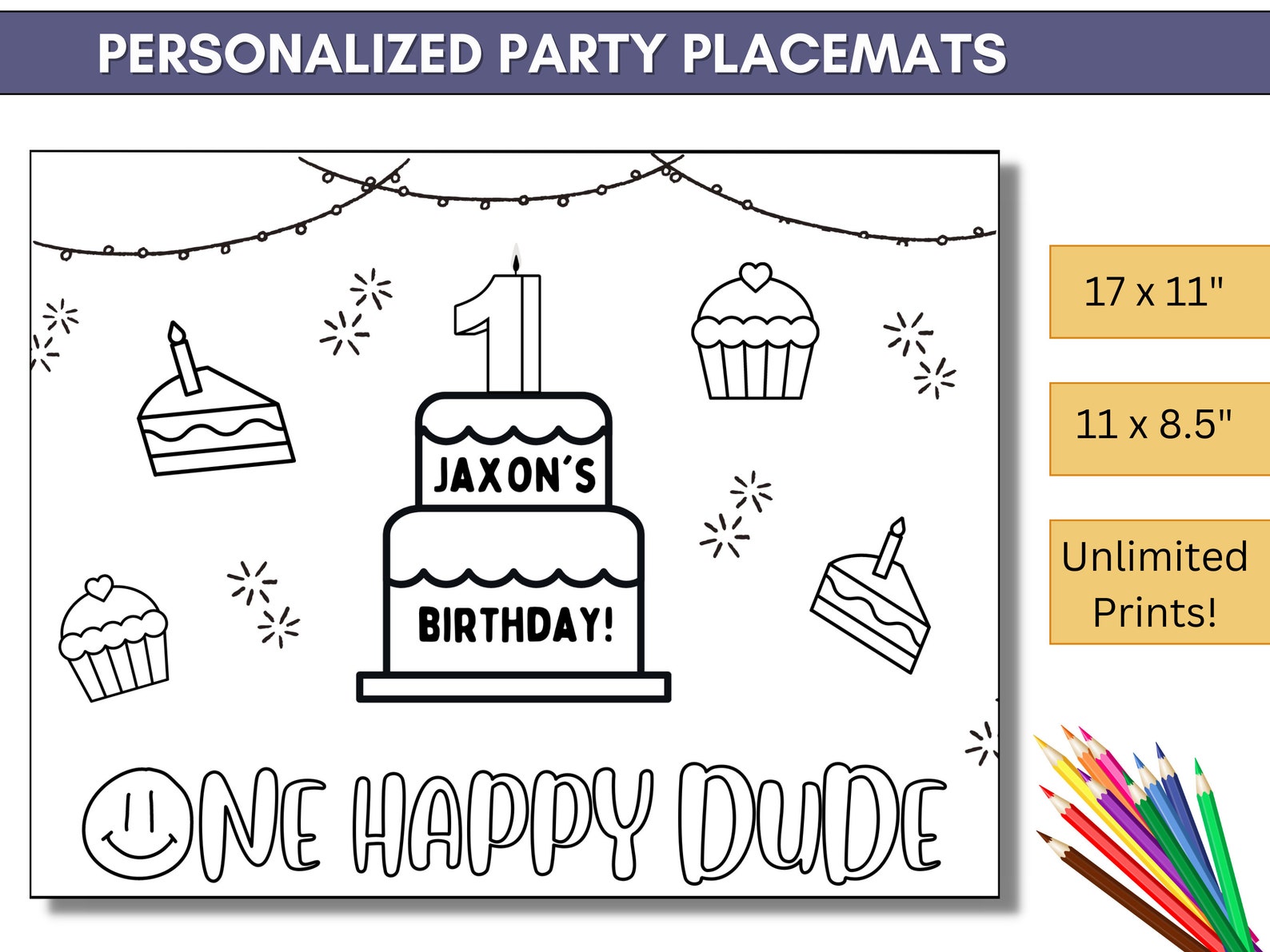 Printable ONE Happy Dude Coloring Pages, Personalized Party Placemats ...